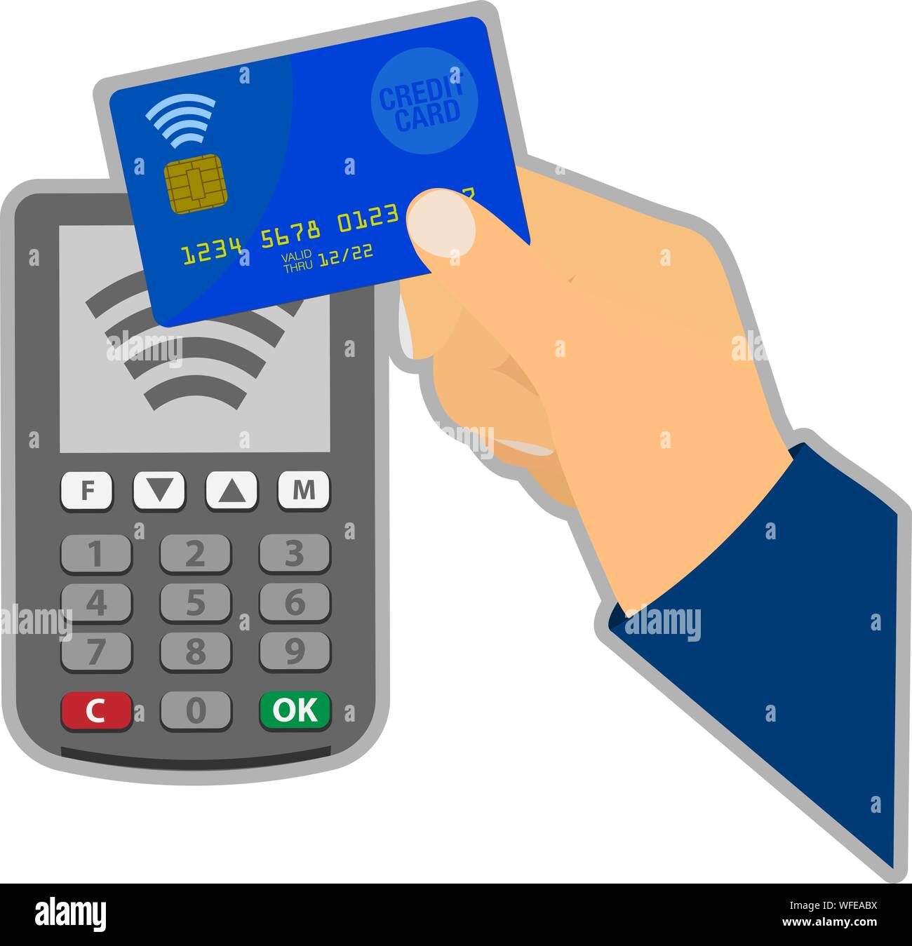 contactless credit card payment concept with hand holding card against POS payment terminal ...