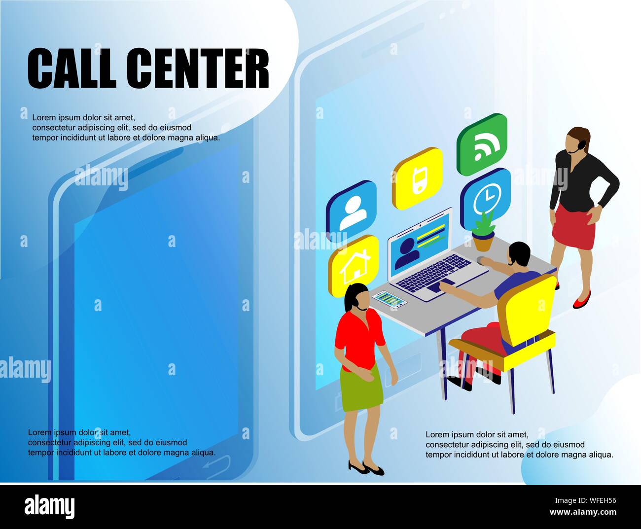 Call center. Flat illustration. Office business concept. 3d isometric ...