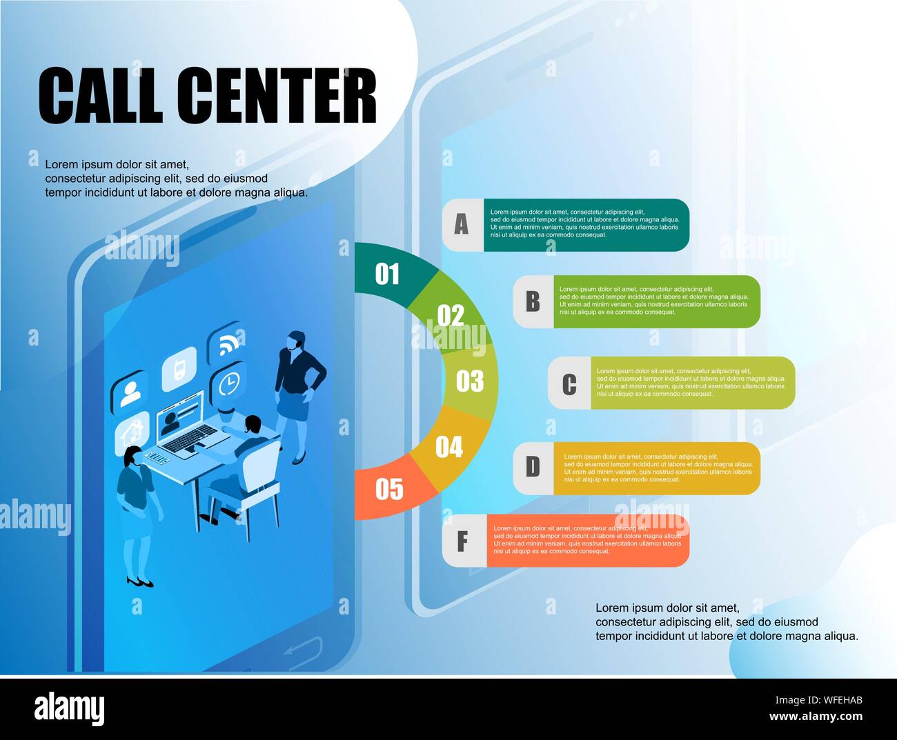 Call center. Flat illustration. Office business concept. 3d isometric ...