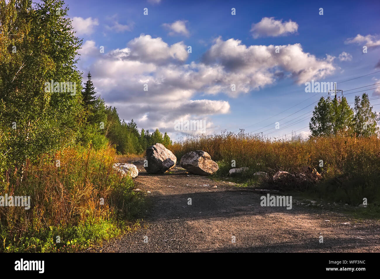 Large boulder stones block the forest road summer landscape. On a ...