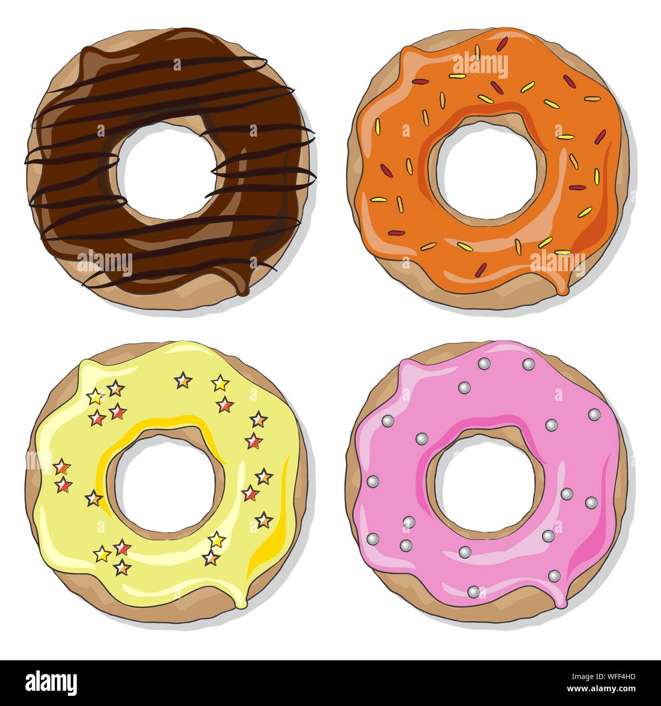 Four ring donuts over white background, with a variety of flavours and ...