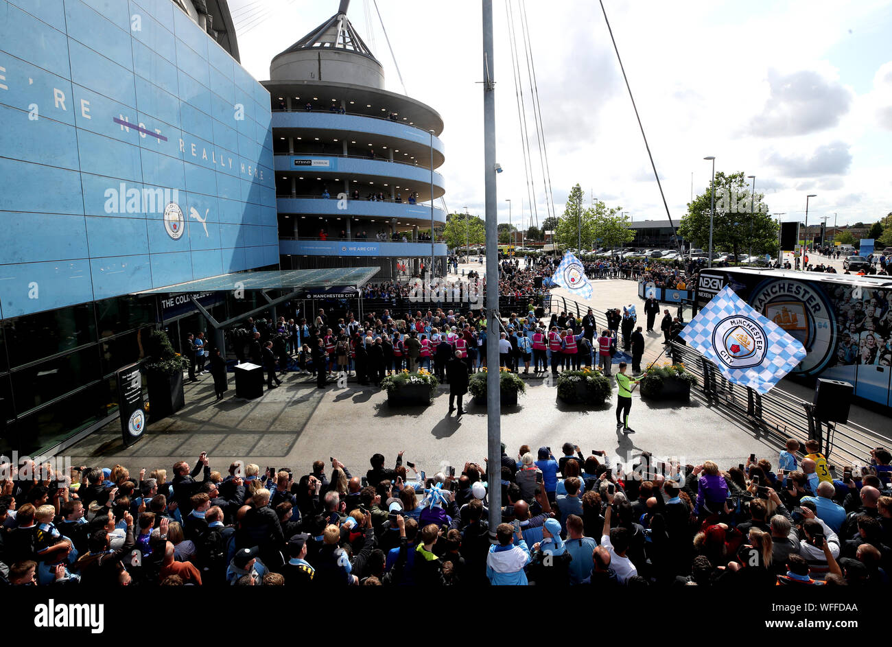 The Manchester City team bus arrives at the stadium prior to the ...