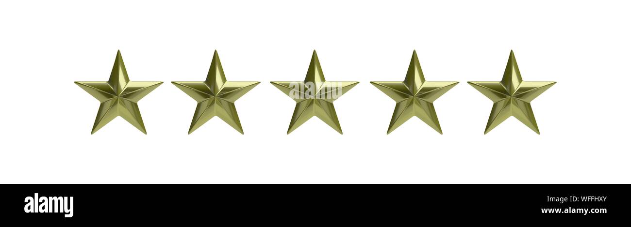Five stars. 5 golden stars isolated cutout against white background. Luxury hotel ranking ...