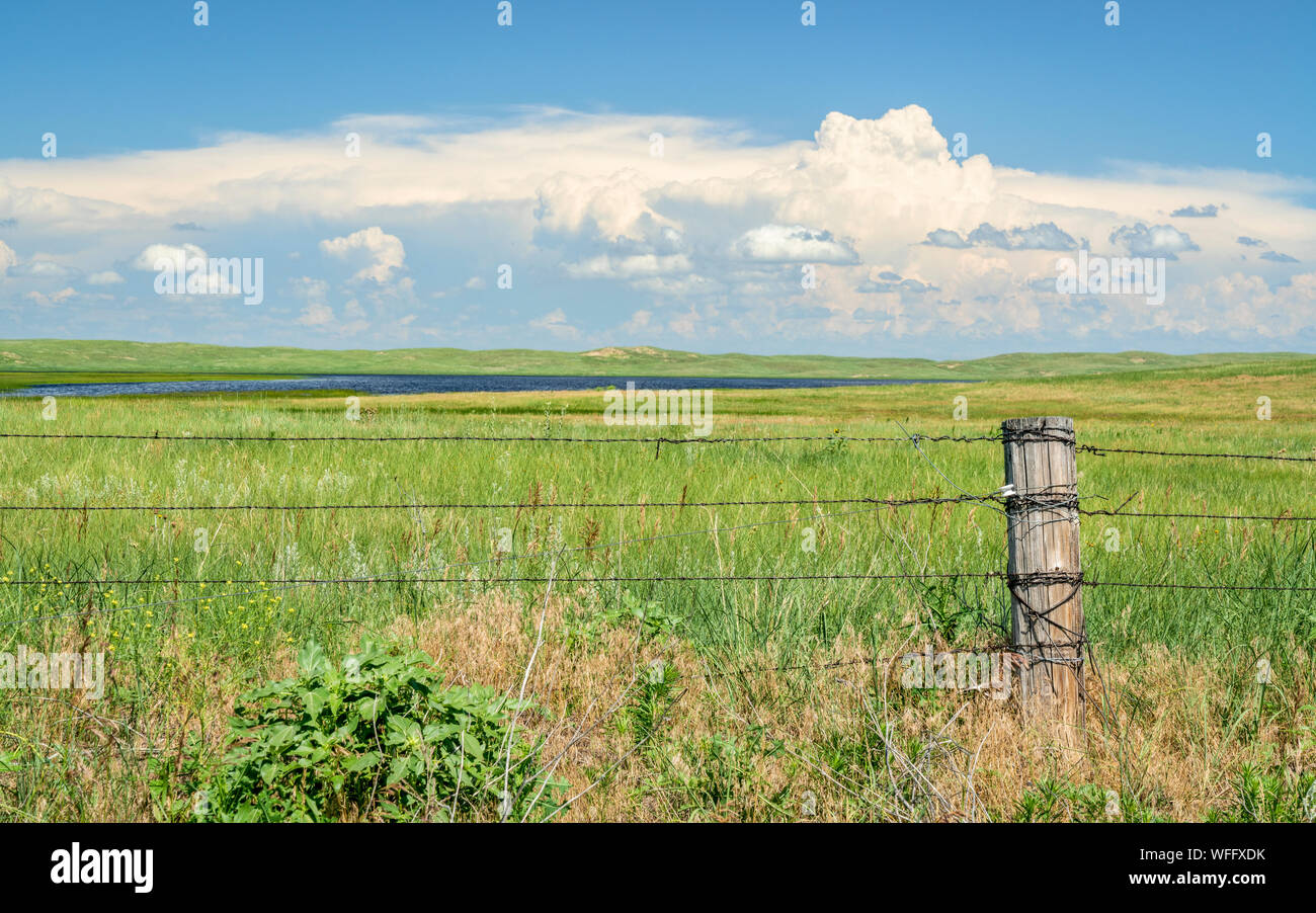 rural landscape of Nebraska Sandhills with a cattle fence and ...