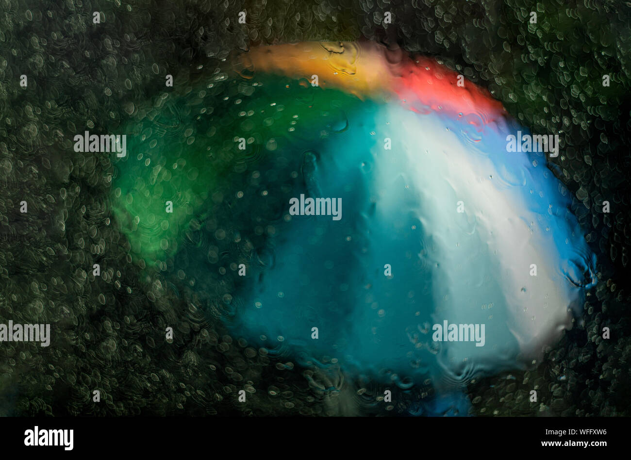 A multicolored rainbow umbrella with red, orange, yellow, green, blue ...