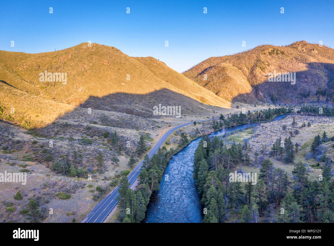 mountain river aerial view in sunset light - Cache la Poudre River and ...