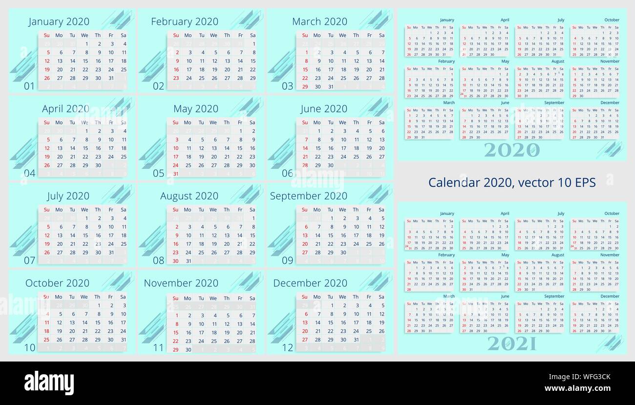 Calendar template for 2020 year on mint color background. Week Starts ...