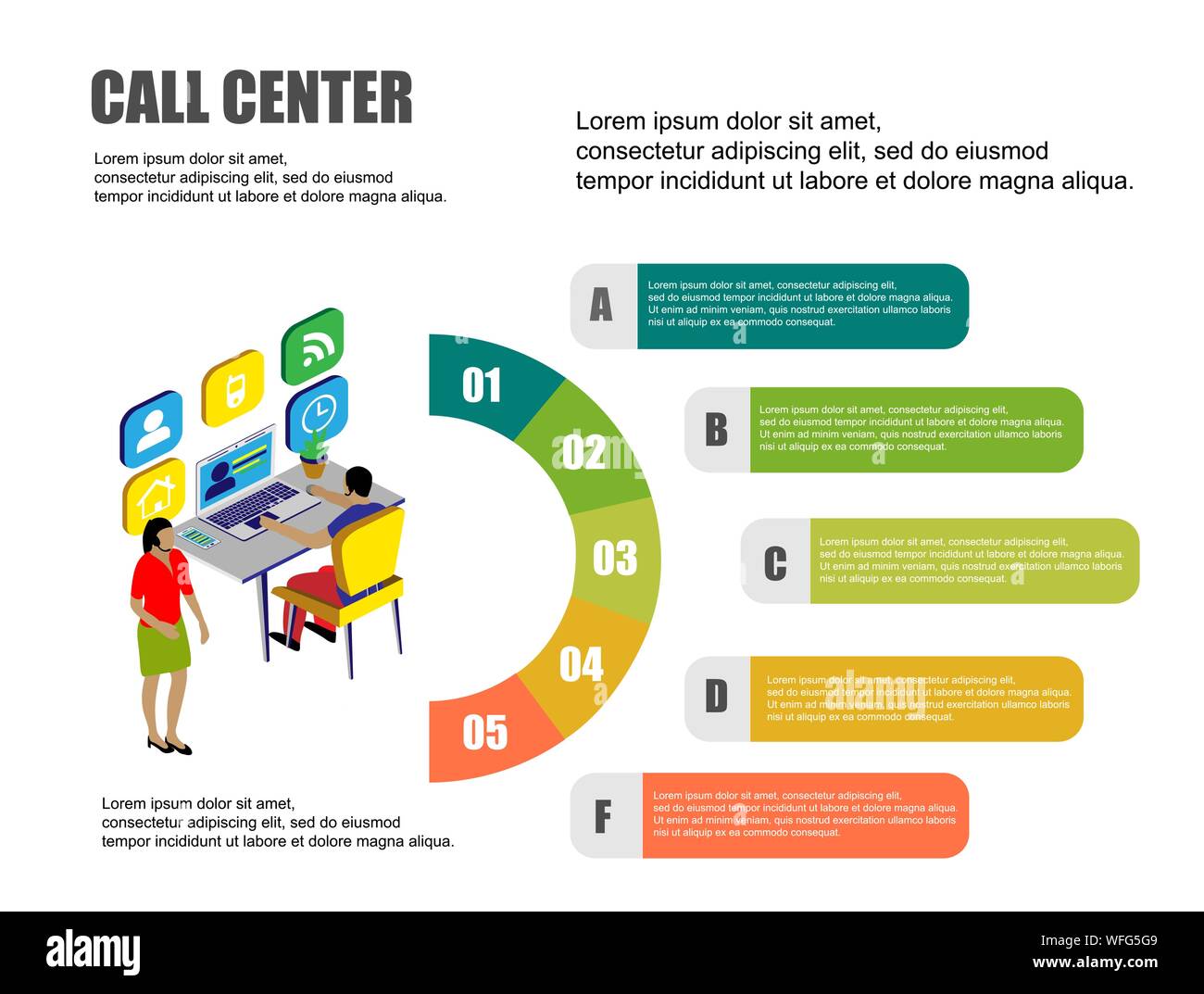 Call center. Flat illustration. Office business concept. 3d isometric ...