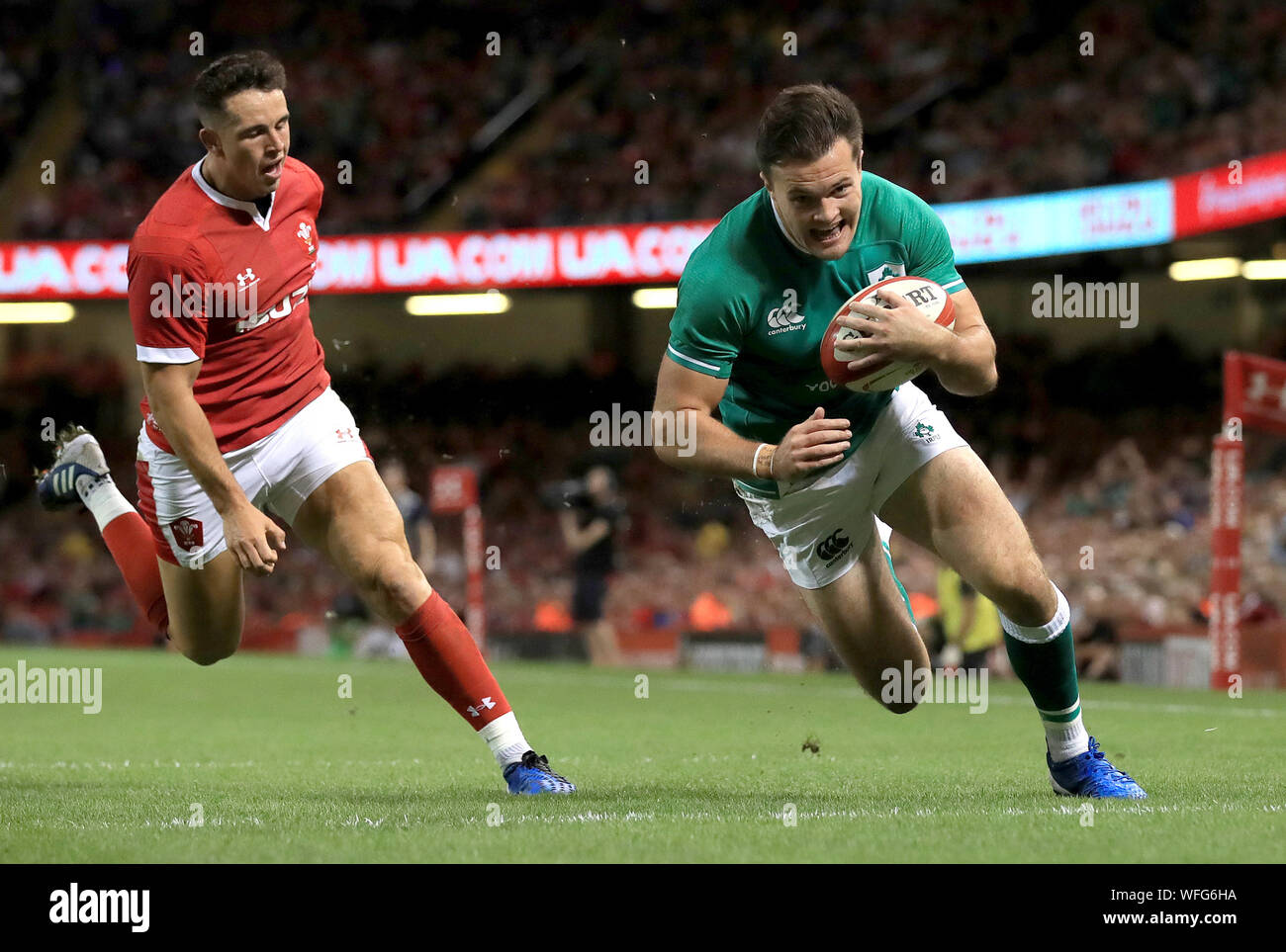 Ireland's Jacod Stockdale scores the opening try during the ...