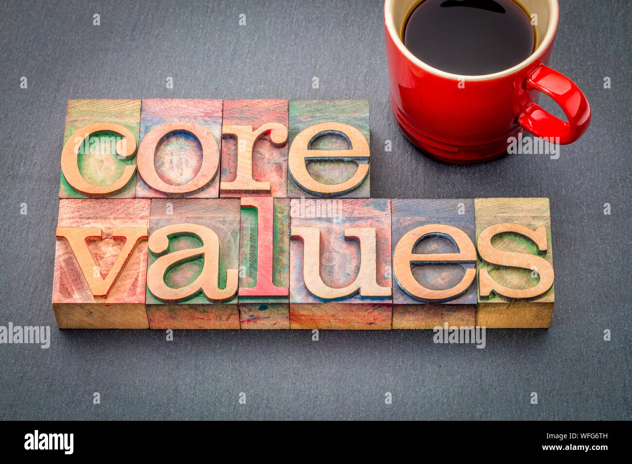 core values - text in letterpress wood type with a cup of coffee ...