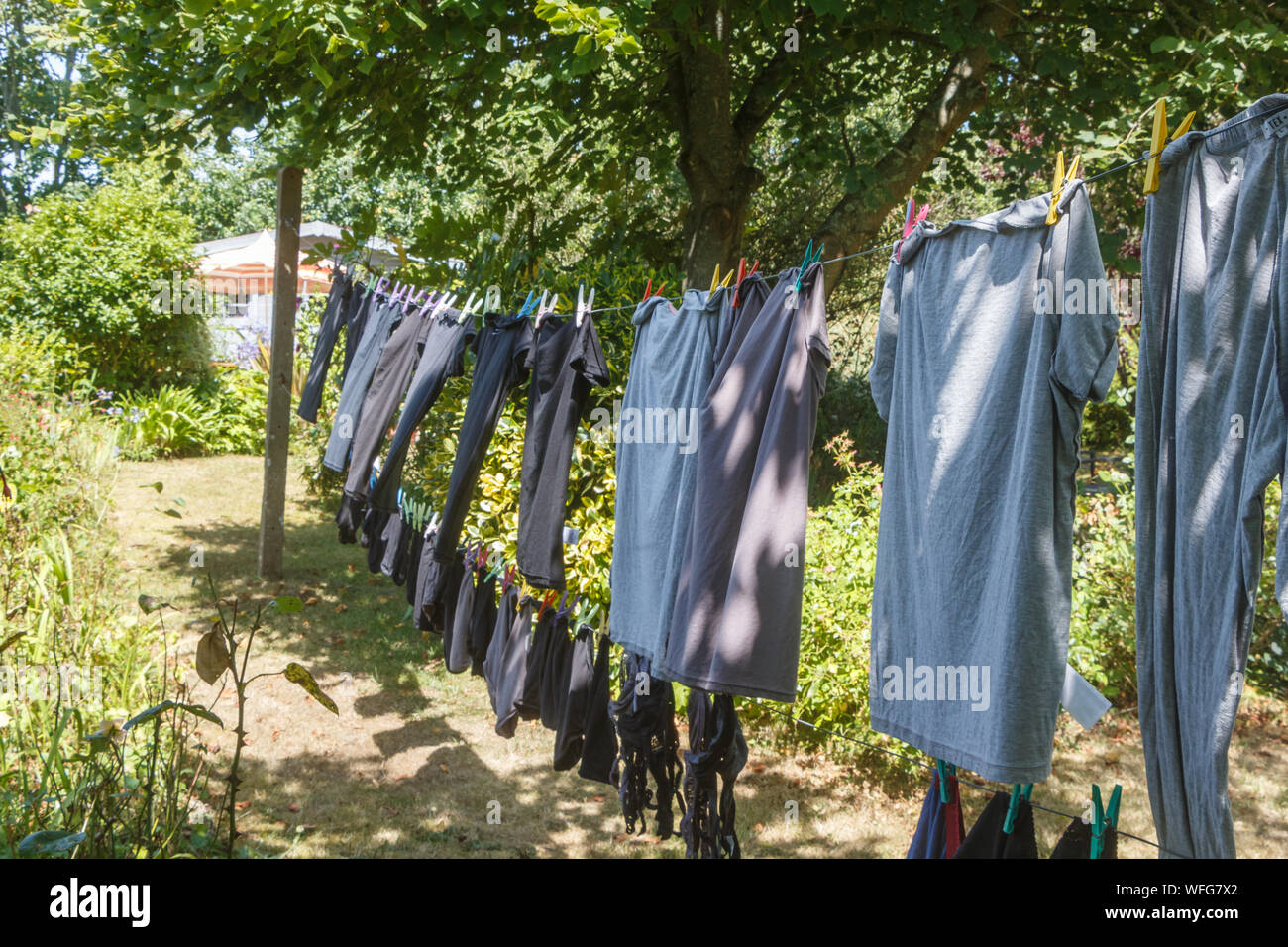 Washing line with clothes drying in a garden Stock Photo - Alamy