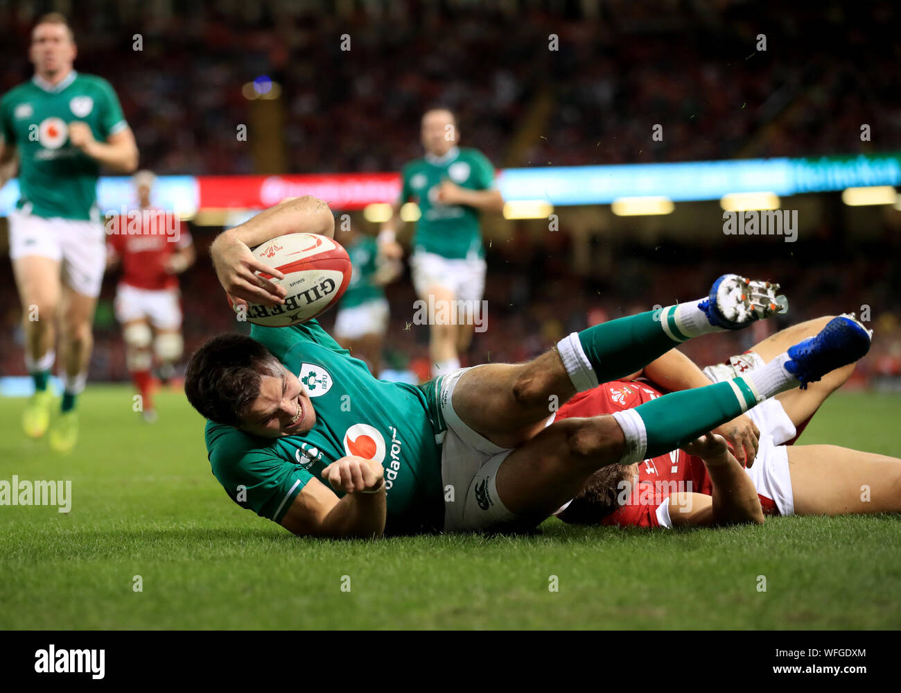 Ireland's Jacob Stockdale goes over for the second try during the ...