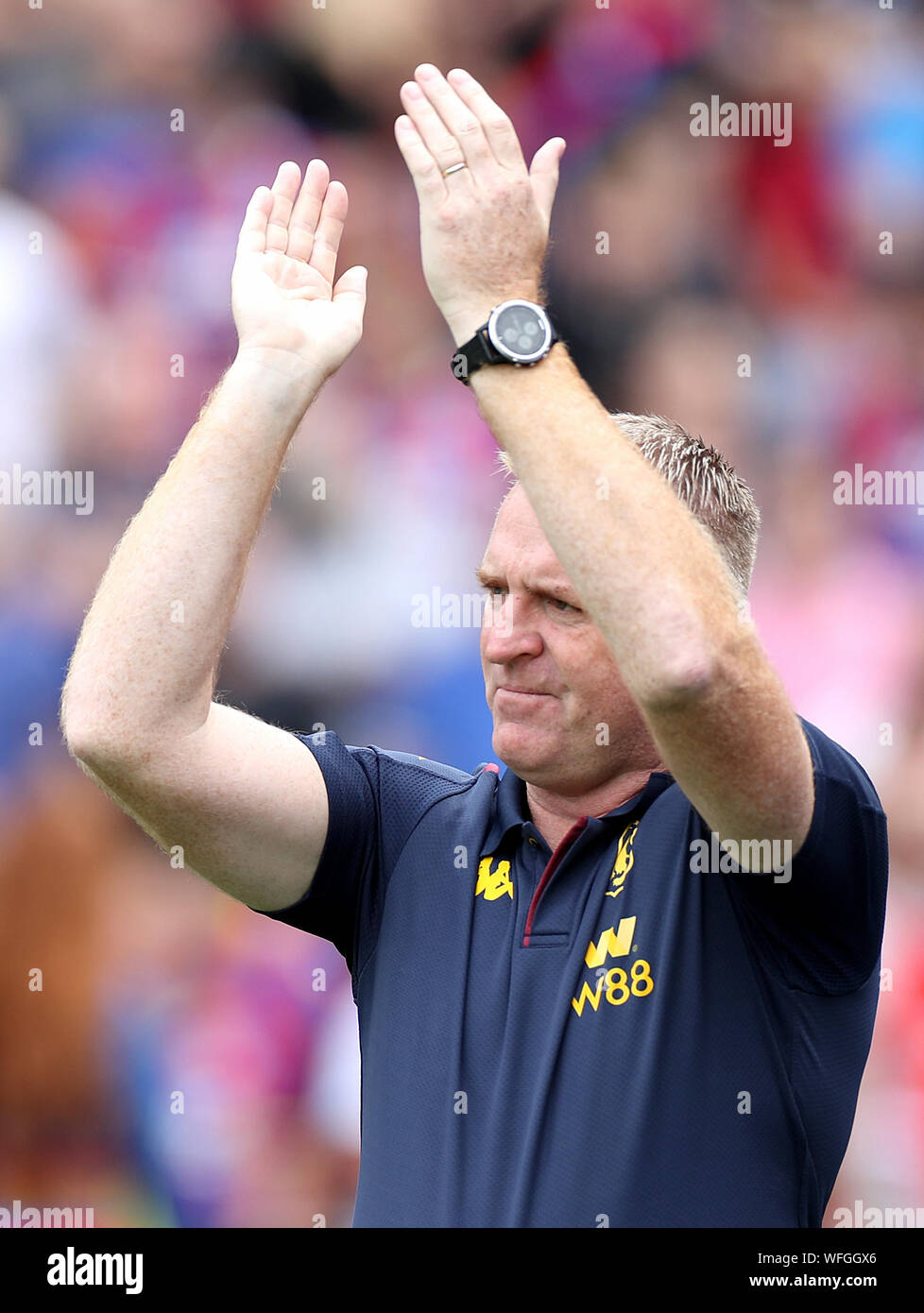 Aston Villa manager Dean Smith acknowledges the fans during the Premier ...