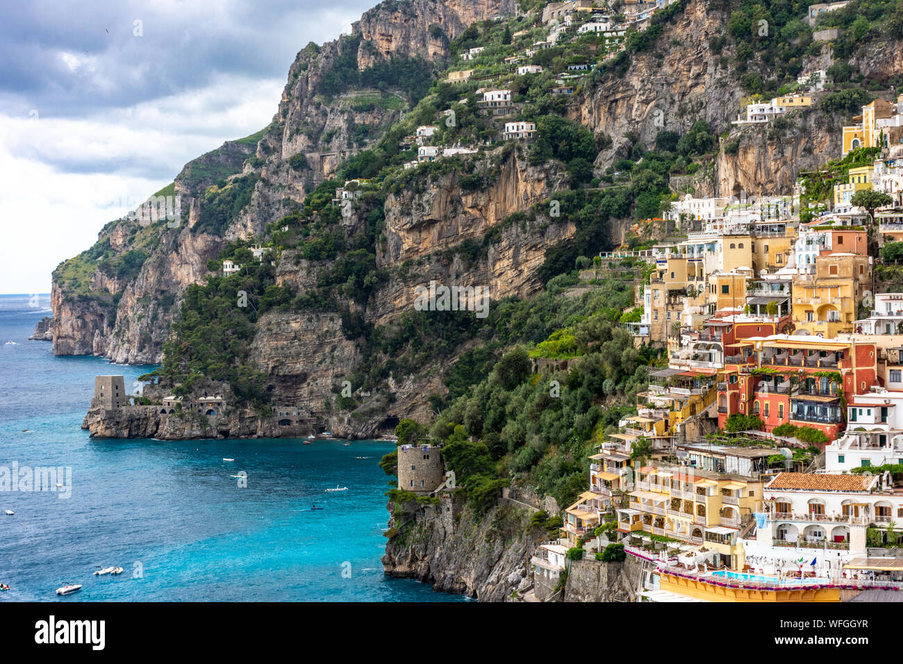 Italy, Positano, panorama of houses and the beach Stock Photo - Alamy