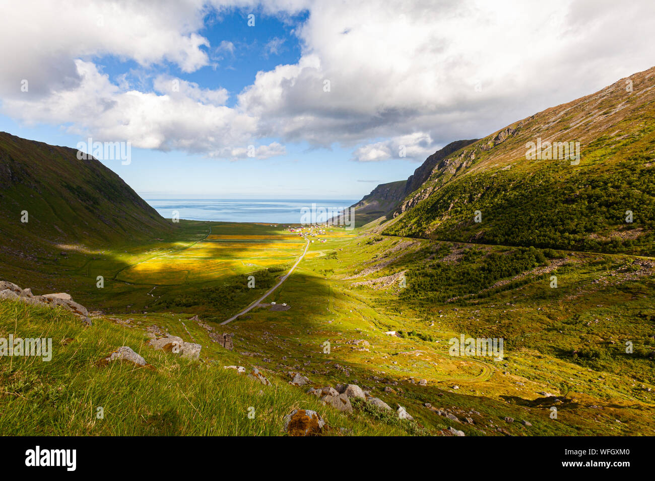 The picturesque coastal village of Unstad on the Lofoten islands in ...