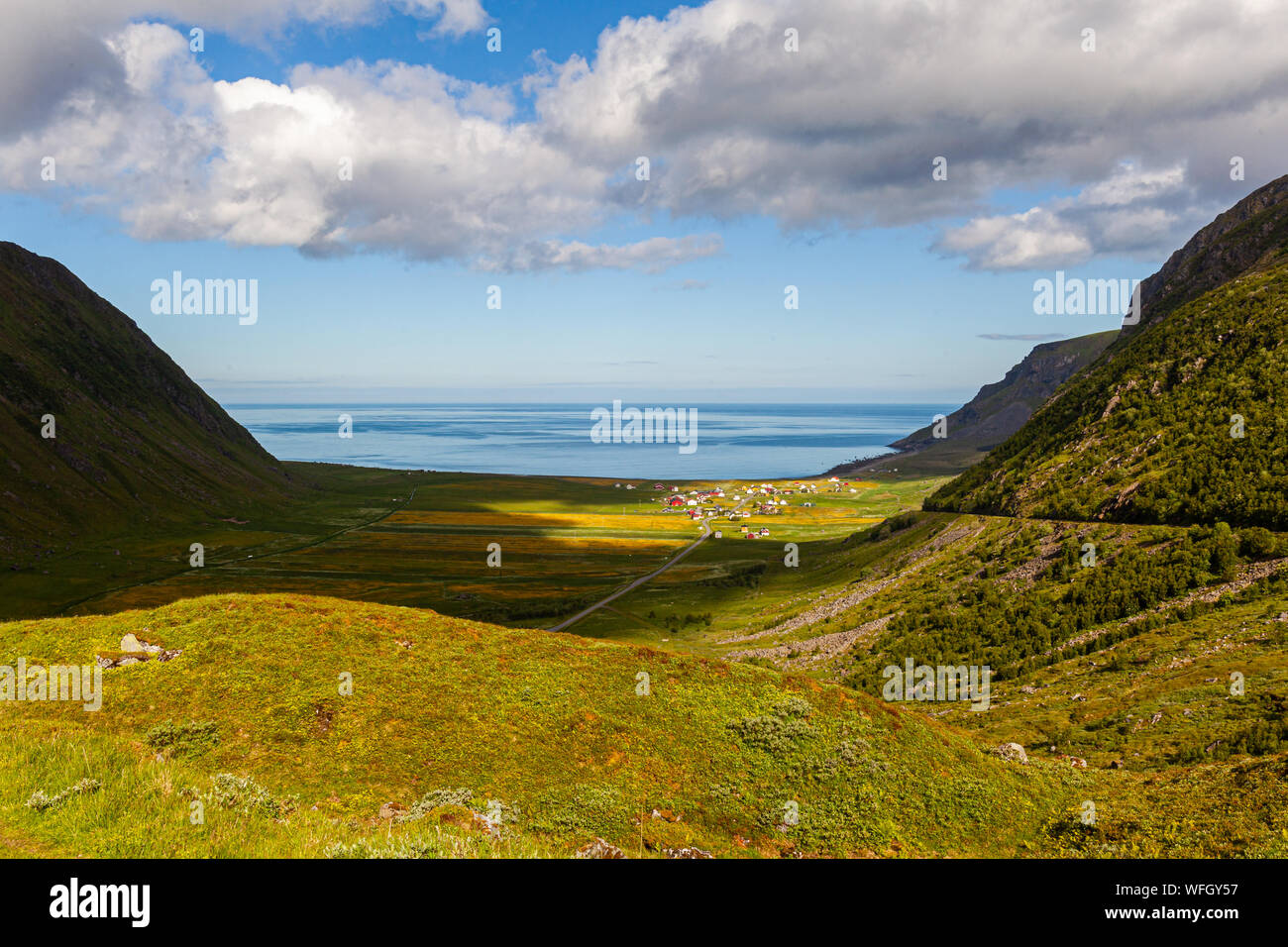 The picturesque coastal village of Unstad on the Lofoten islands in ...