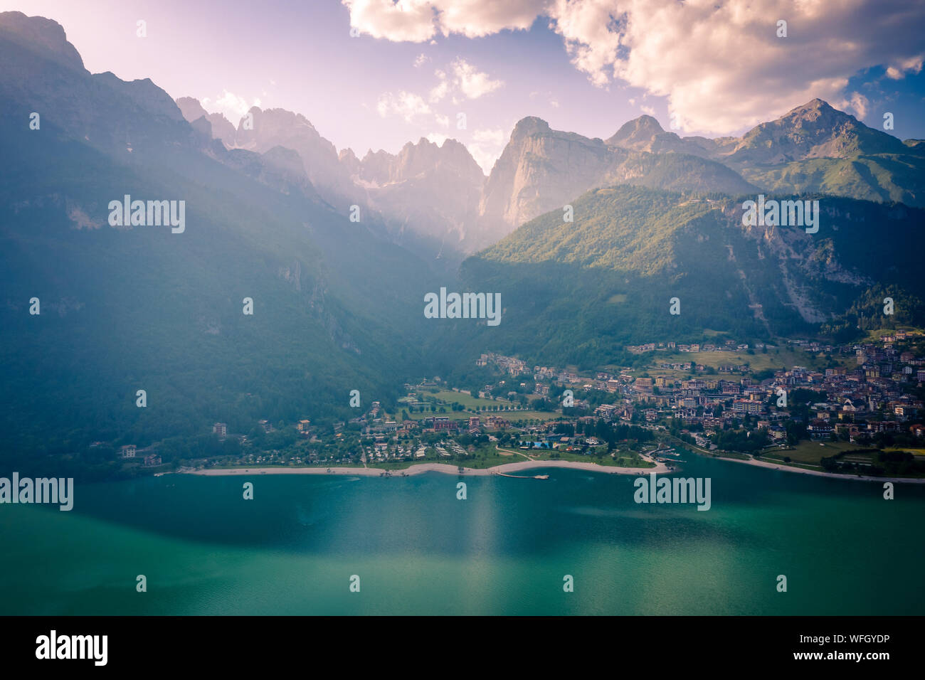 Aerial view of Molveno lake, Molveno, Trentino, Trento, Italy Stock ...