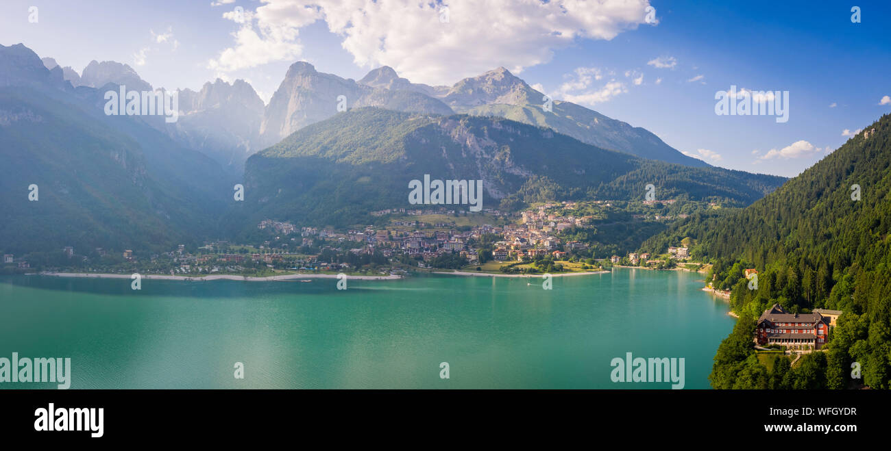Aerial view of Molveno lake, Molveno, Trentino, Trento, Italy Stock ...