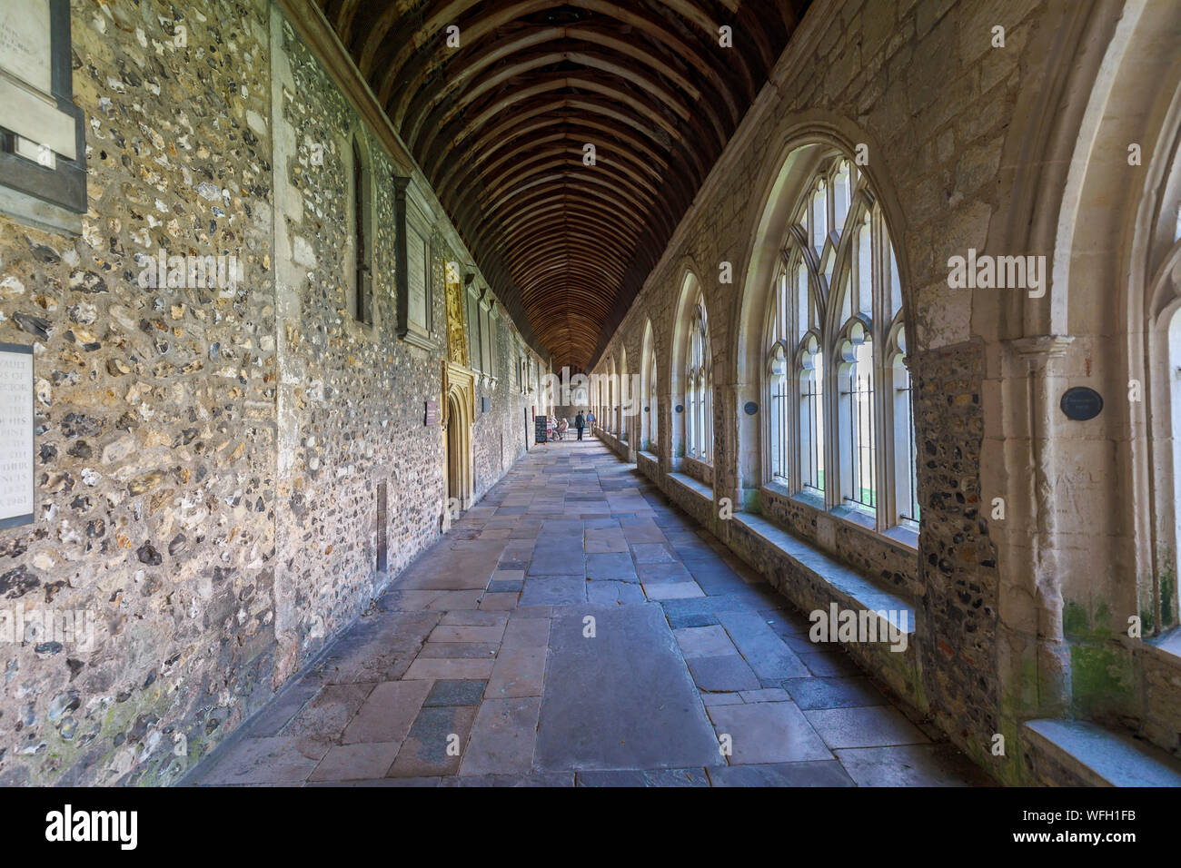 Medieval paved cloisters and tussed roof of Chichester Cathedral in ...