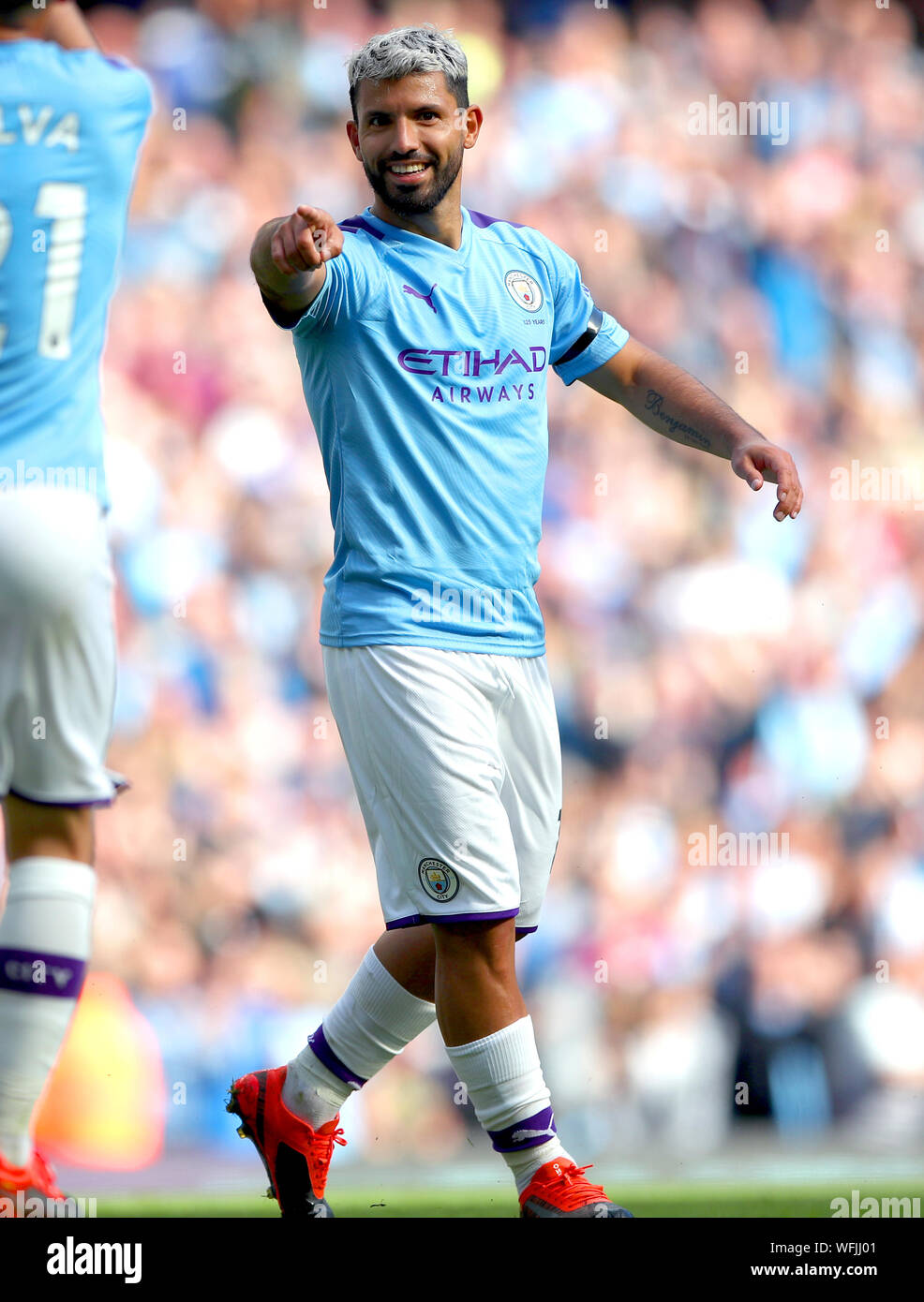 Manchester Citys Sergio Aguero Celebrates Scoring His Sides Third