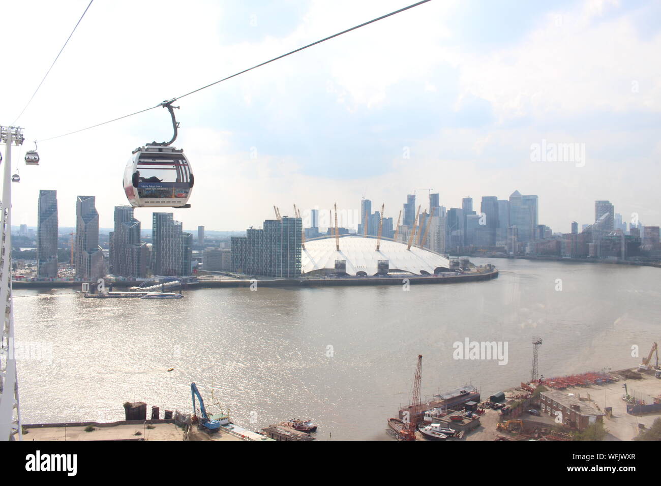 An aerial view from the Emirates cable car over the Thames towards the ...