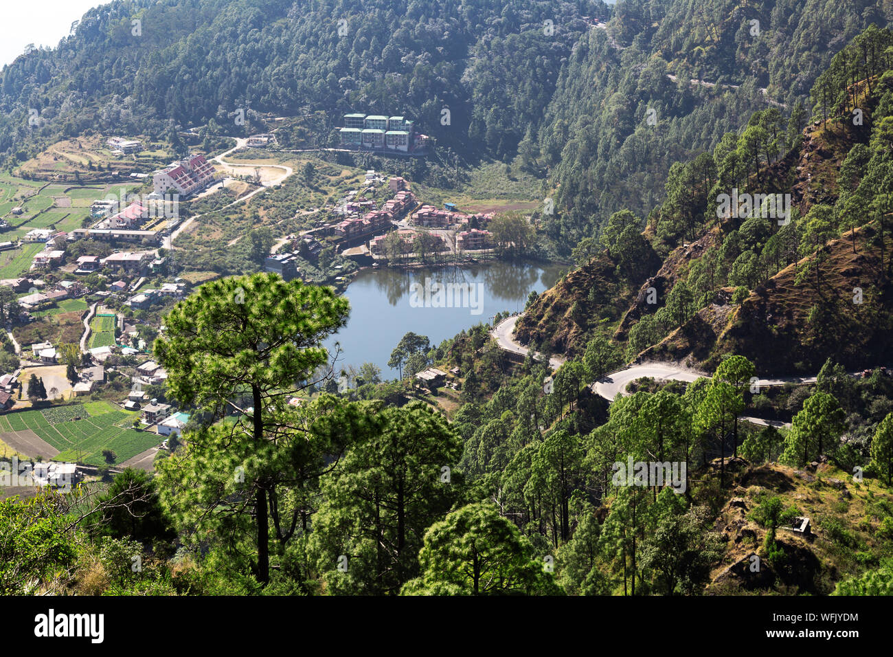 Aerial view of Munsiyari town with mountain lake at Uttarakhand India ...