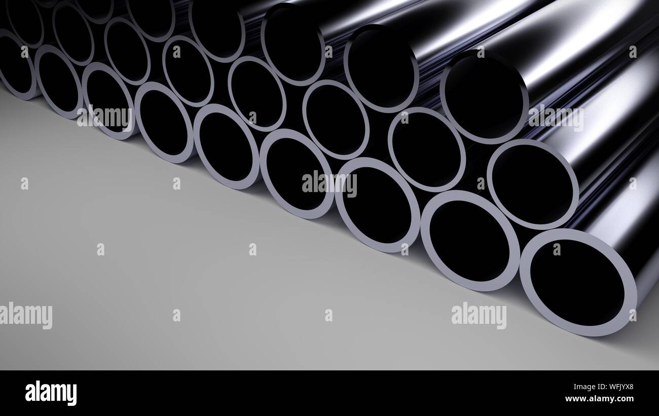 A series of metallic chrome tubes on a glossy black surface - 3D ...