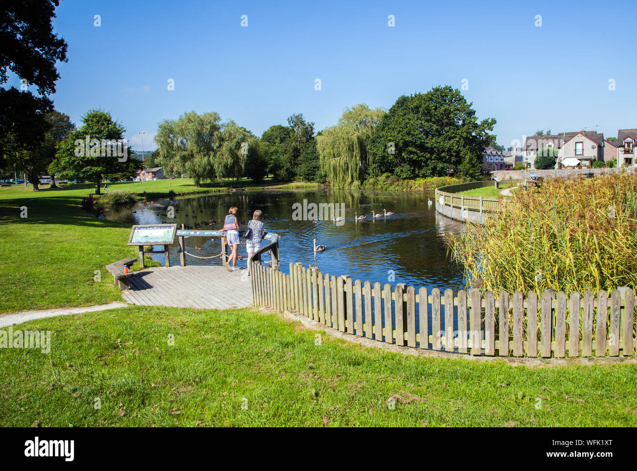 People in the park around the lake in the Welsh market town of Ruthin ...