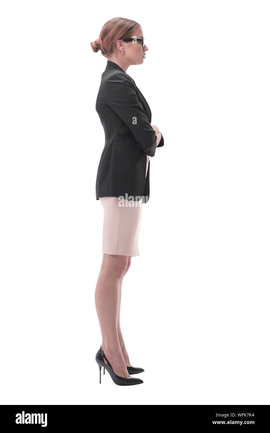 side view . strict businesswoman looking at copy space Stock Photo - Alamy