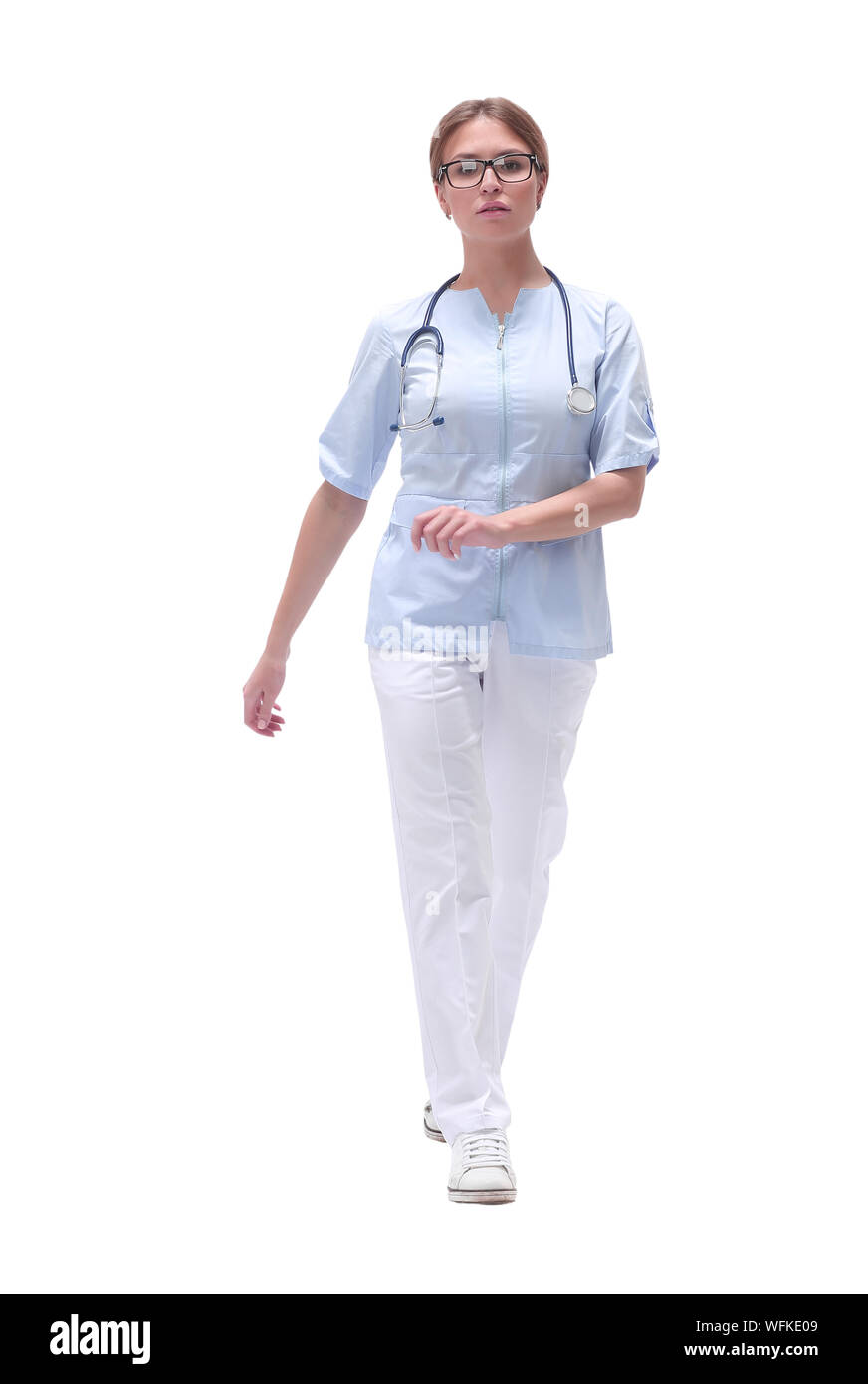 friendly medical doctor woman stepping forward . isolated on white ...