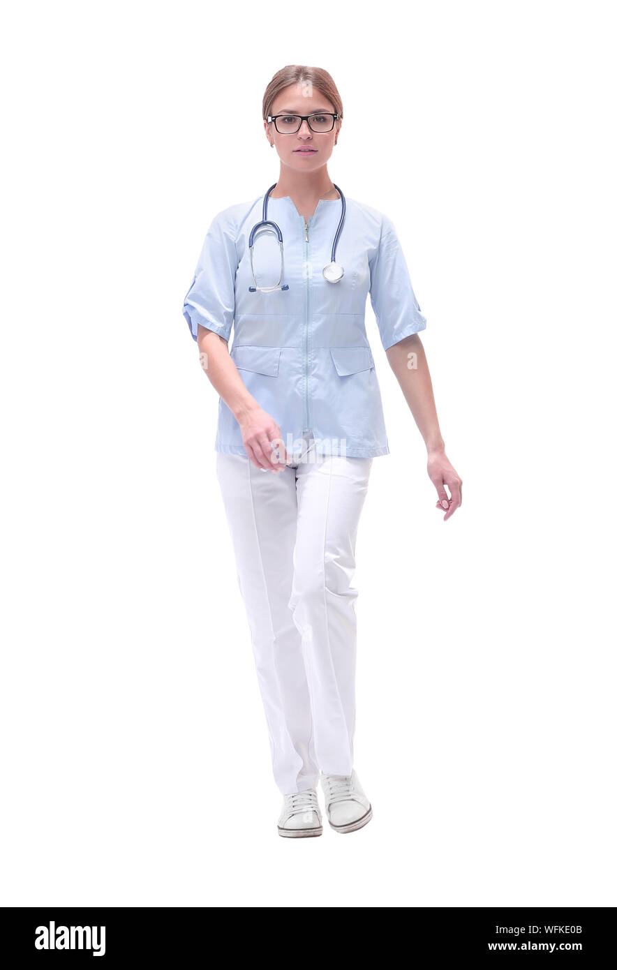 friendly medical doctor woman stepping forward . isolated on white ...