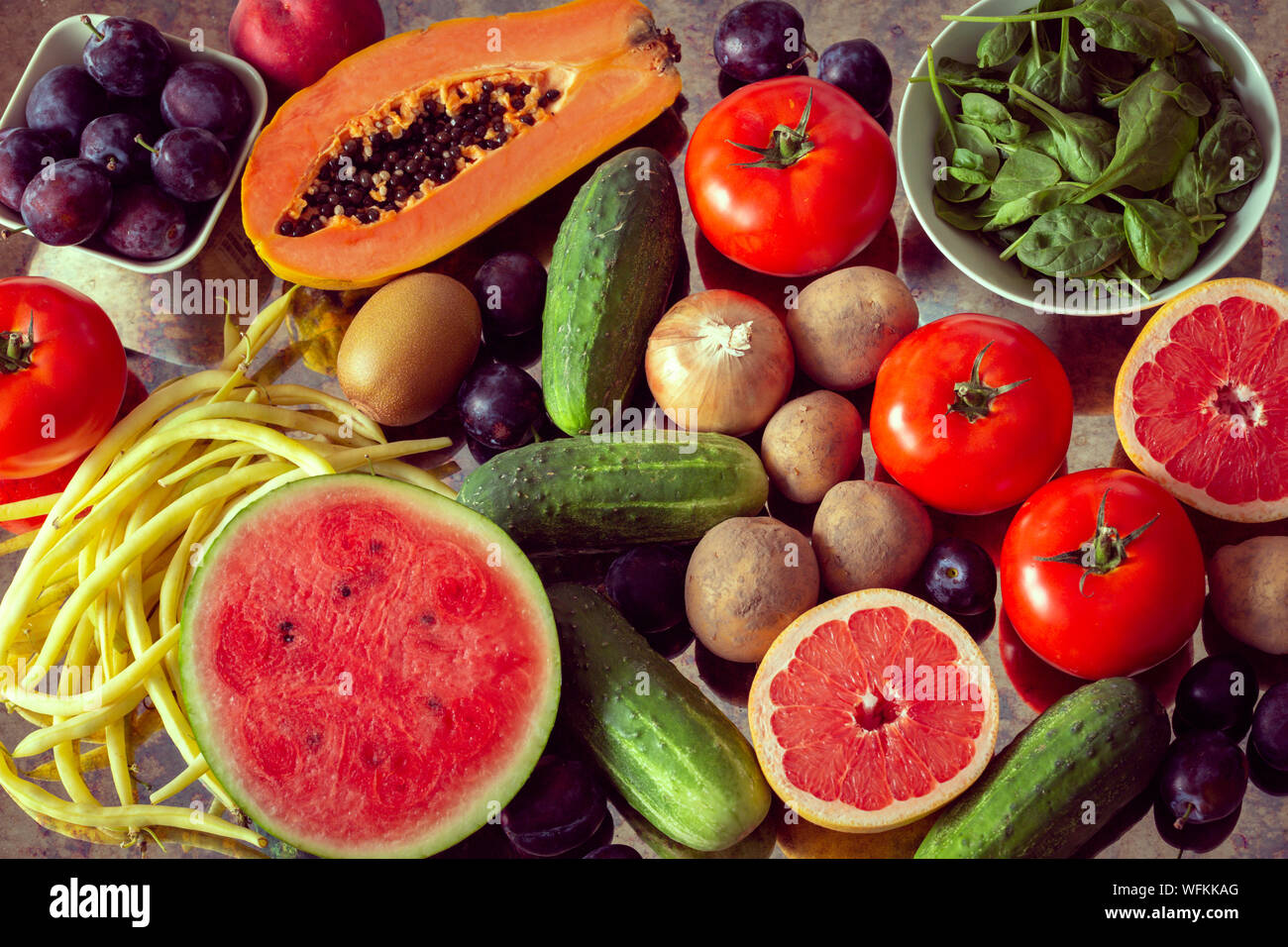 healthy diet, kitchen table full of fruits and vegetables Stock Photo ...