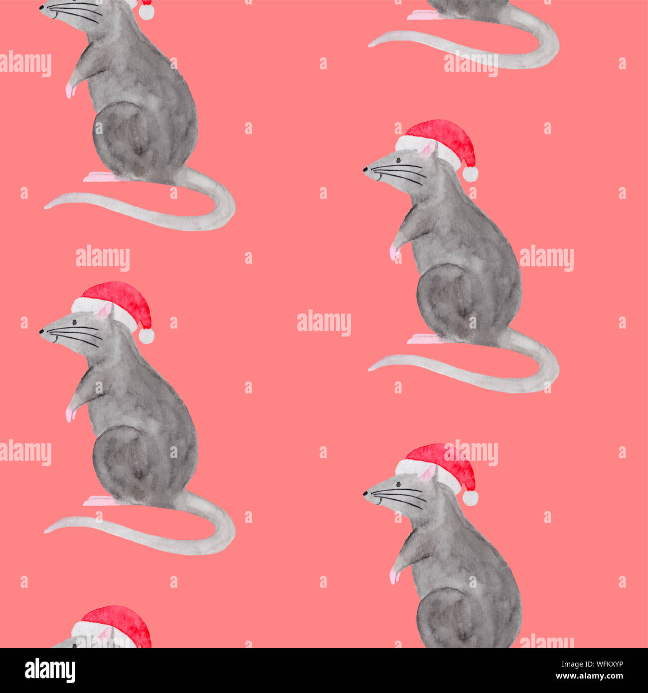 Watercolor illustration of rat wearing red christmas hat. Template for ...