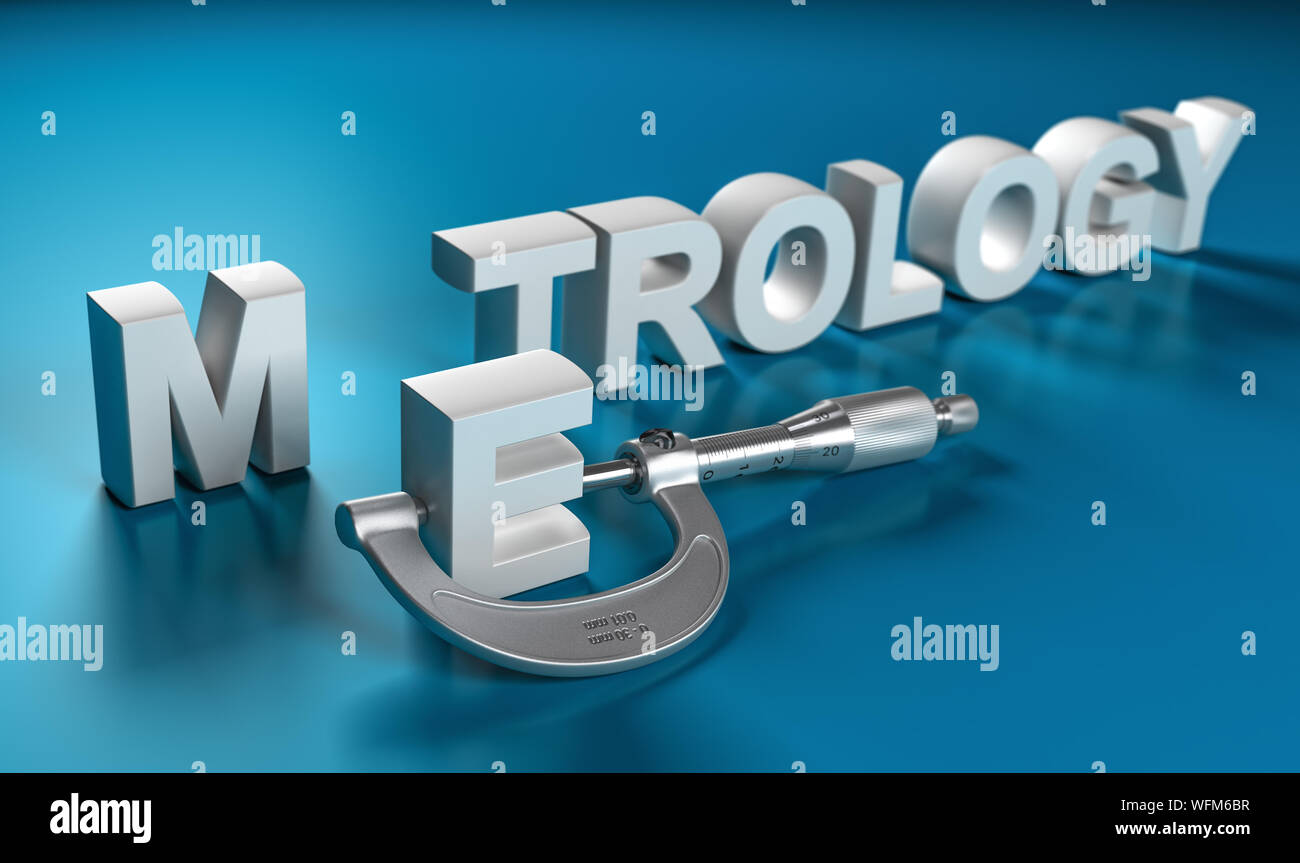 Word metrology written in 3d with a micrometer over a blue background ...