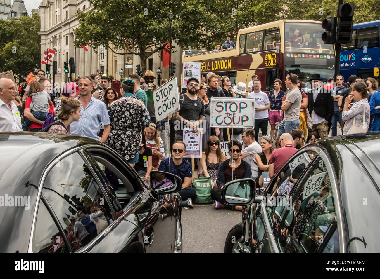 London,UK. 31 August 2019. Blocking the roads at Trafalgar Square ...