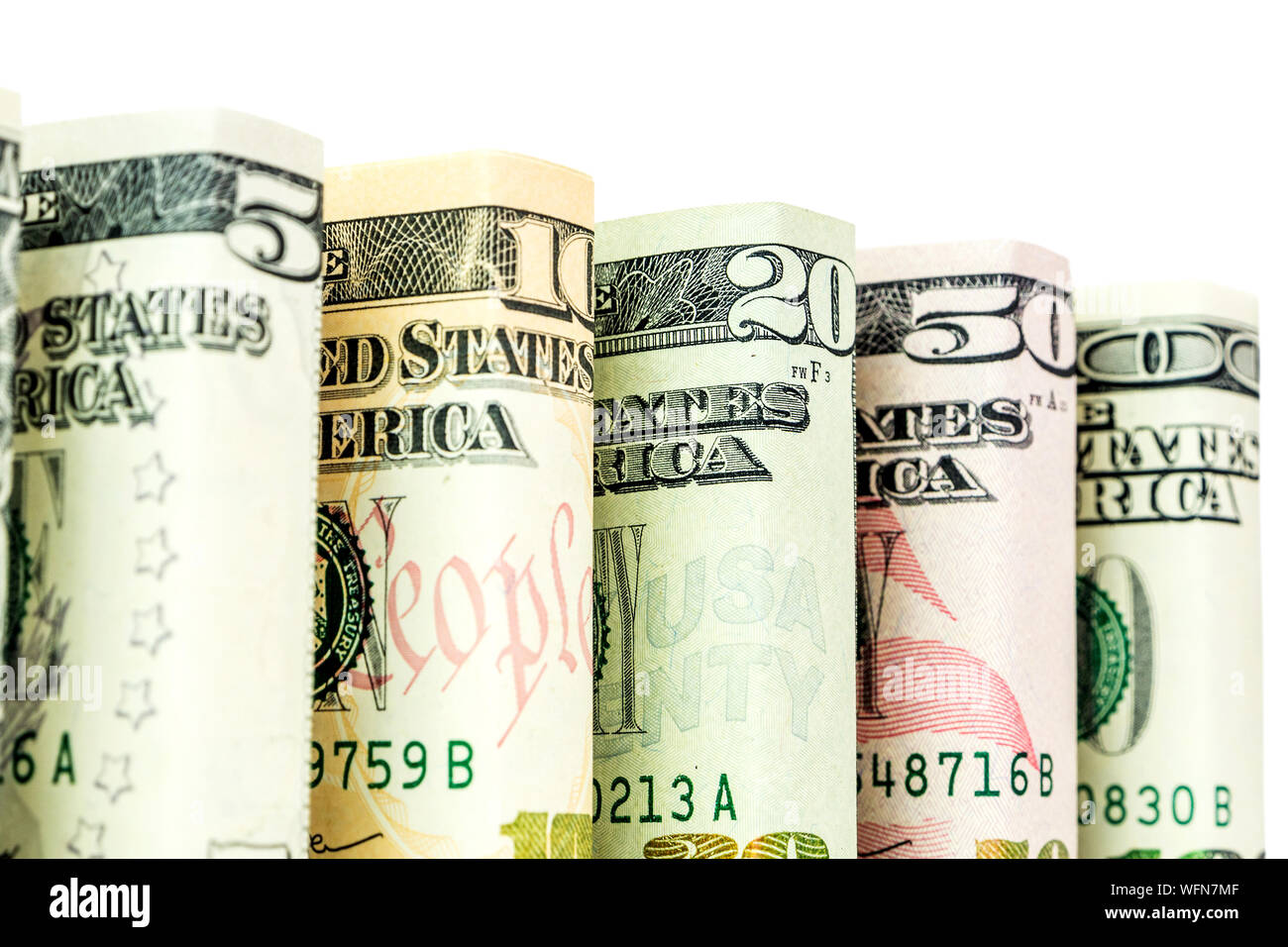 american dollar banknote blocks in all denominations in one row on ...