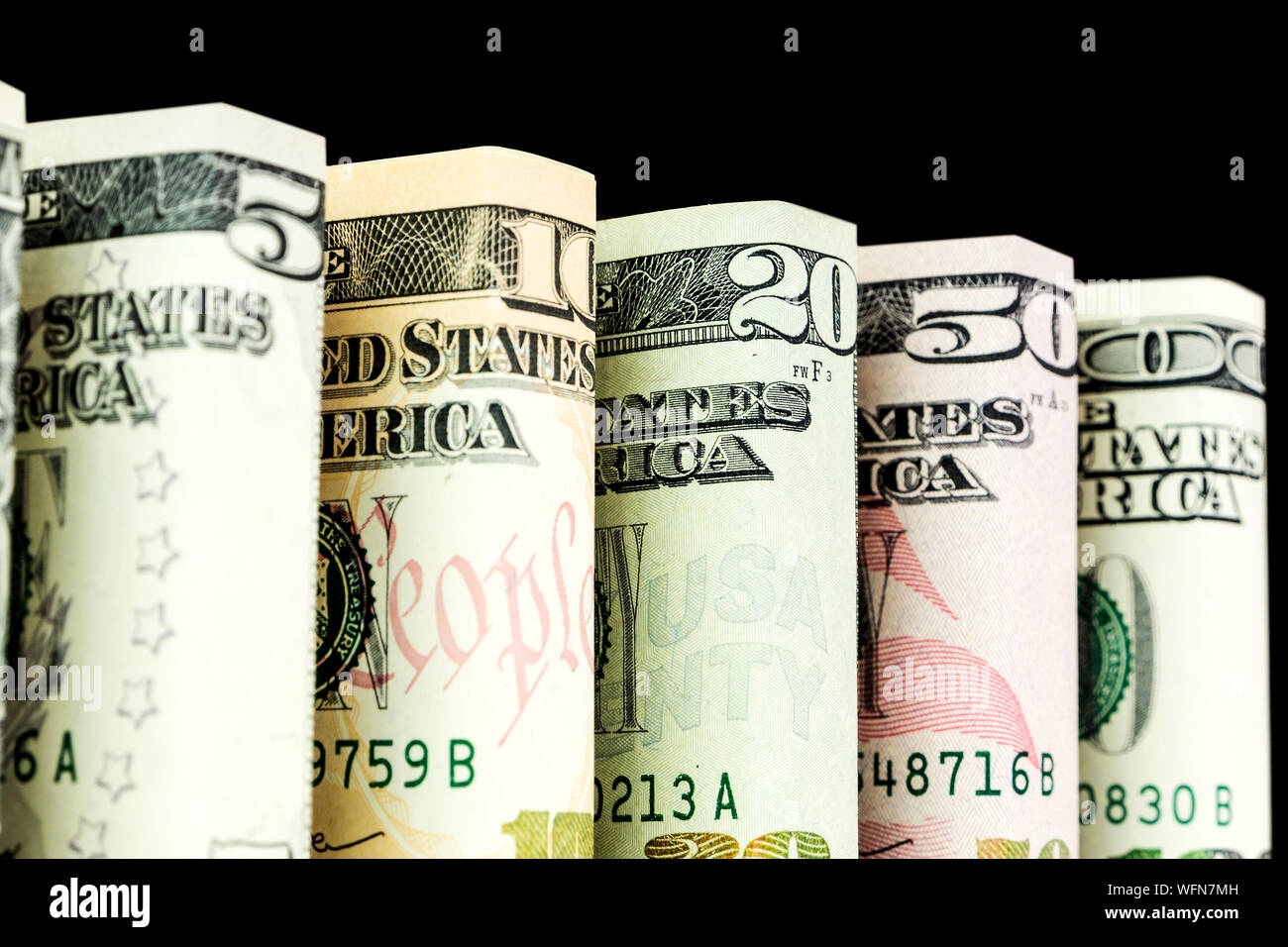 american dollar banknote blocks in all denominations in one row on ...