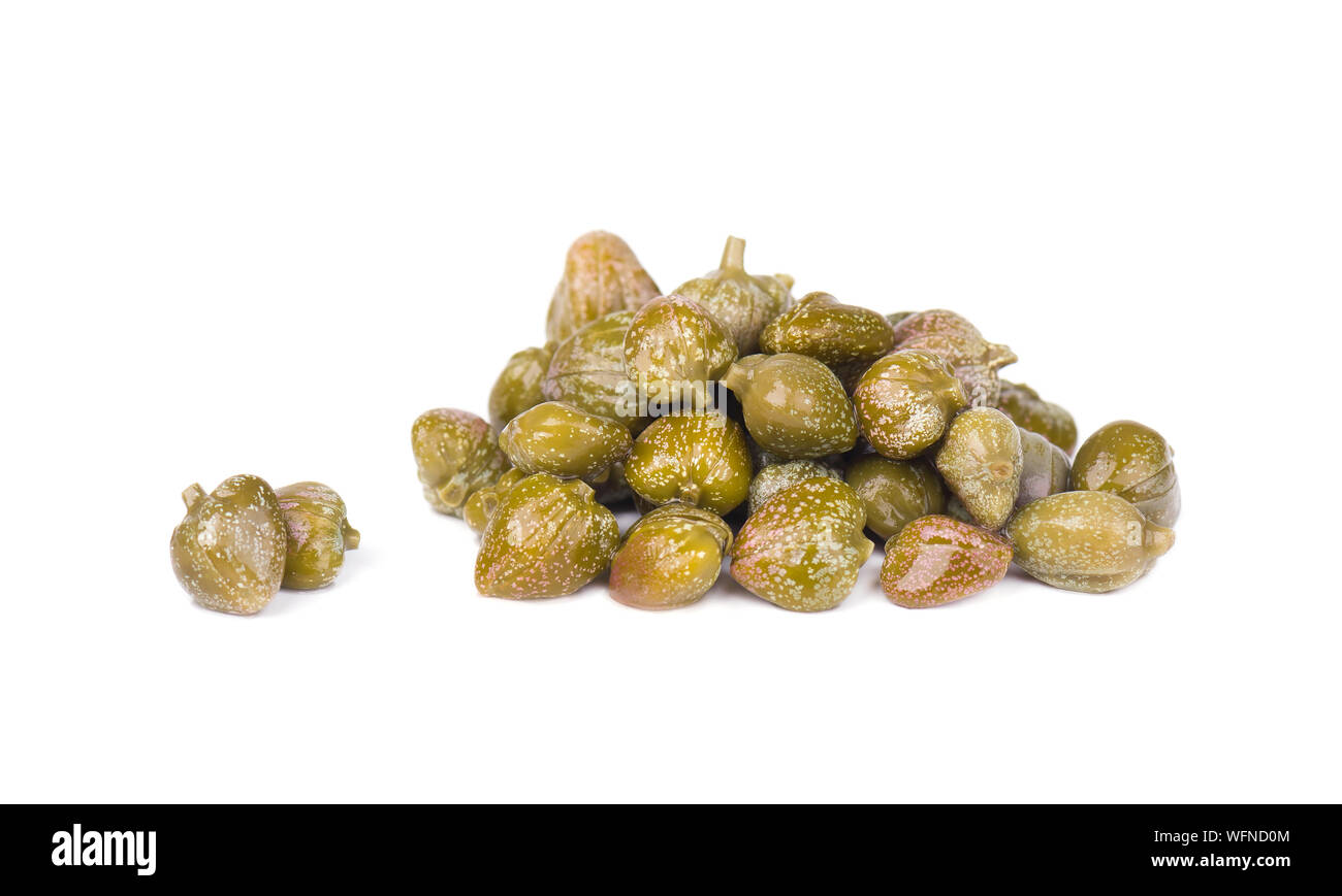Marinated capers isolated on white background. Canned capers. Macro ...