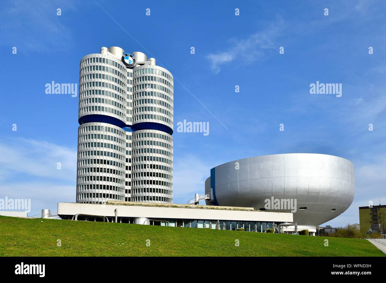 Germany, Bavaria, Munich, BMW headquarters, BMW Tower four-cylinder and ...