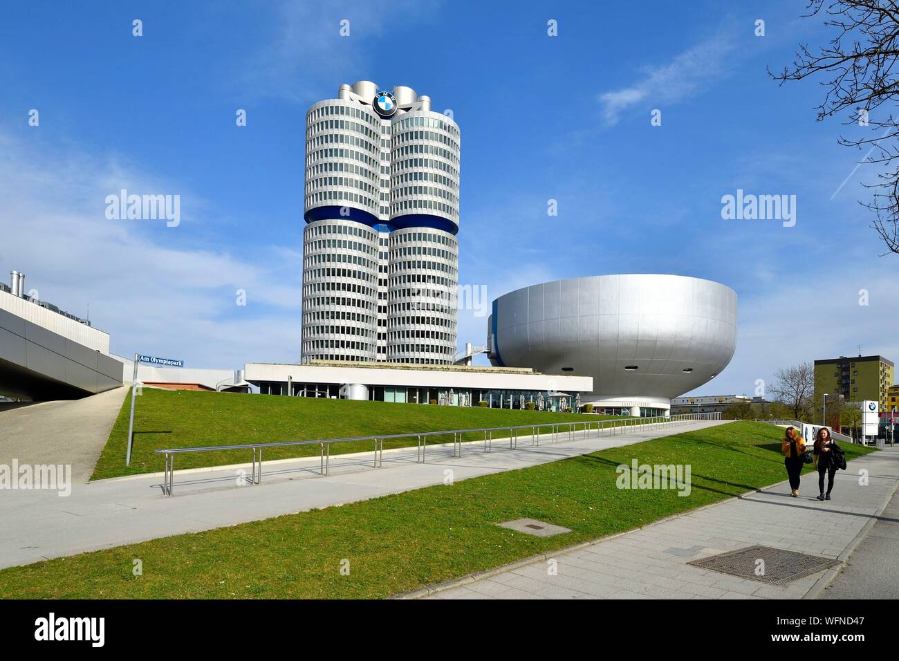 Germany, Bavaria, Munich, BMW headquarters, BMW Tower four-cylinder and ...