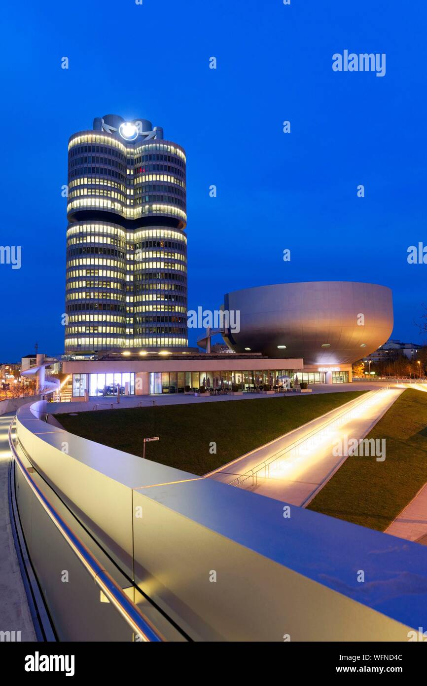 Germany, Bavaria, Munich, BMW headquarters, BMW Tower four-cylinder and ...