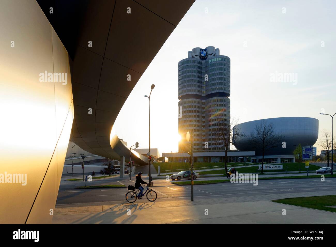 Germany, Bavaria, Munich, BMW headquarters, BMW Tower four-cylinder and ...