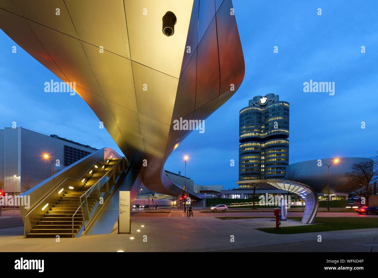 Germany, Bavaria, Munich, BMW headquarters, BMW Tower four-cylinder and ...