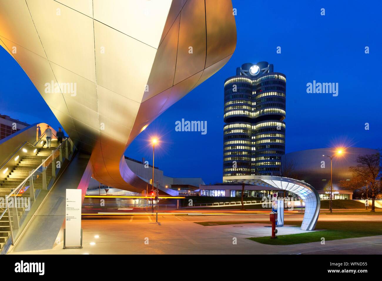Germany, Bavaria, Munich, BMW headquarters, BMW Tower four-cylinder and ...