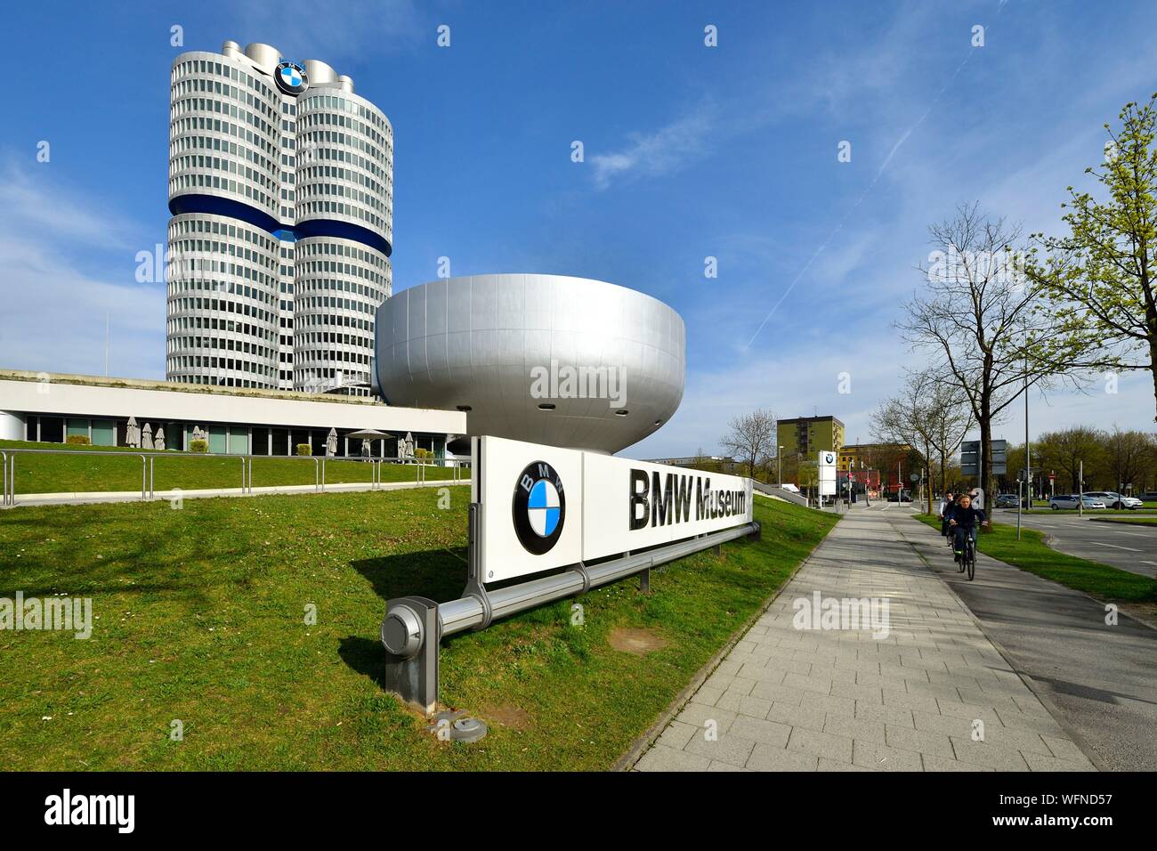 Germany, Bavaria, Munich, BMW headquarters, BMW Tower four-cylinder and ...