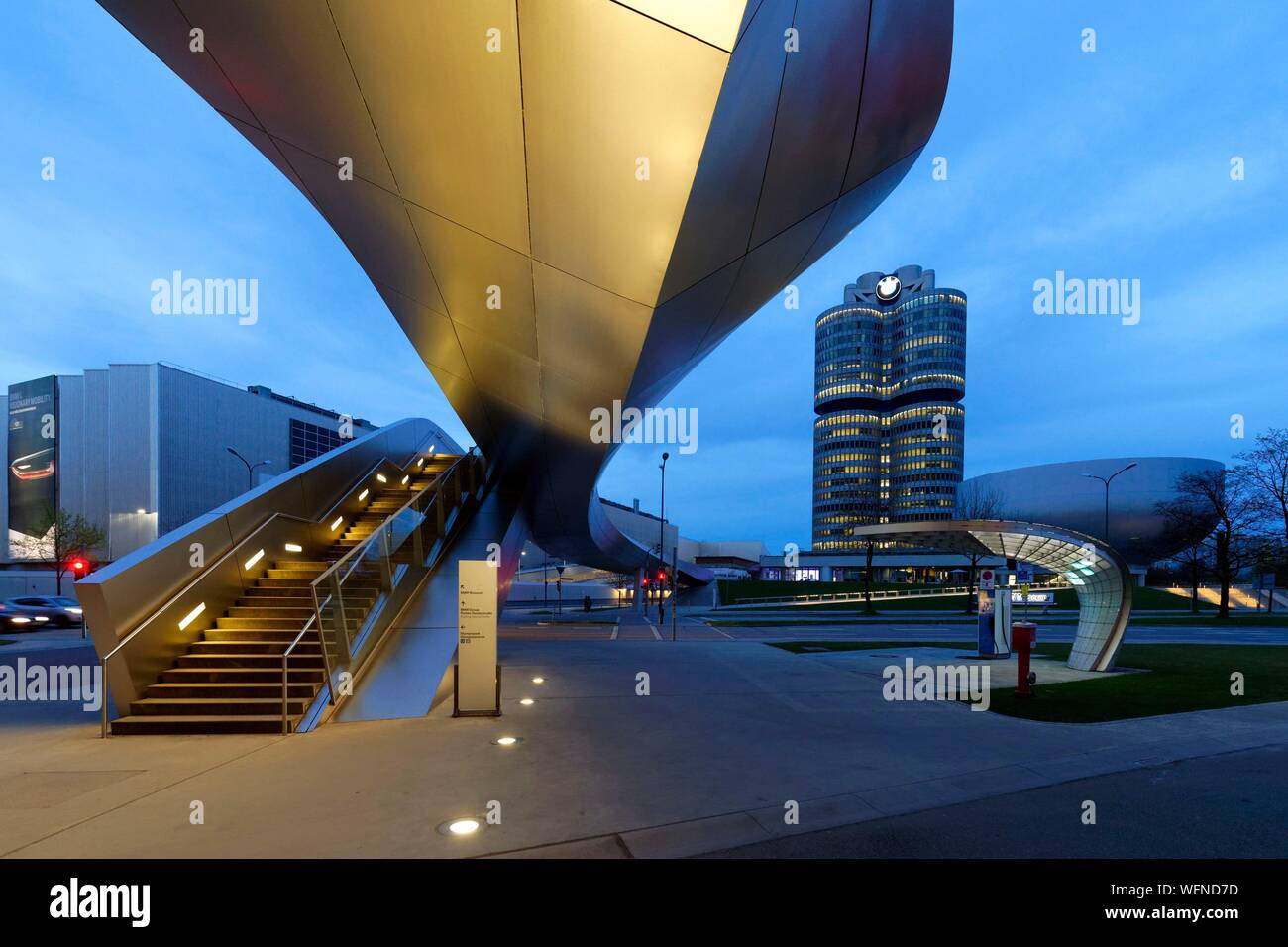 Germany, Bavaria, Munich, BMW headquarters, BMW Tower four-cylinder and ...