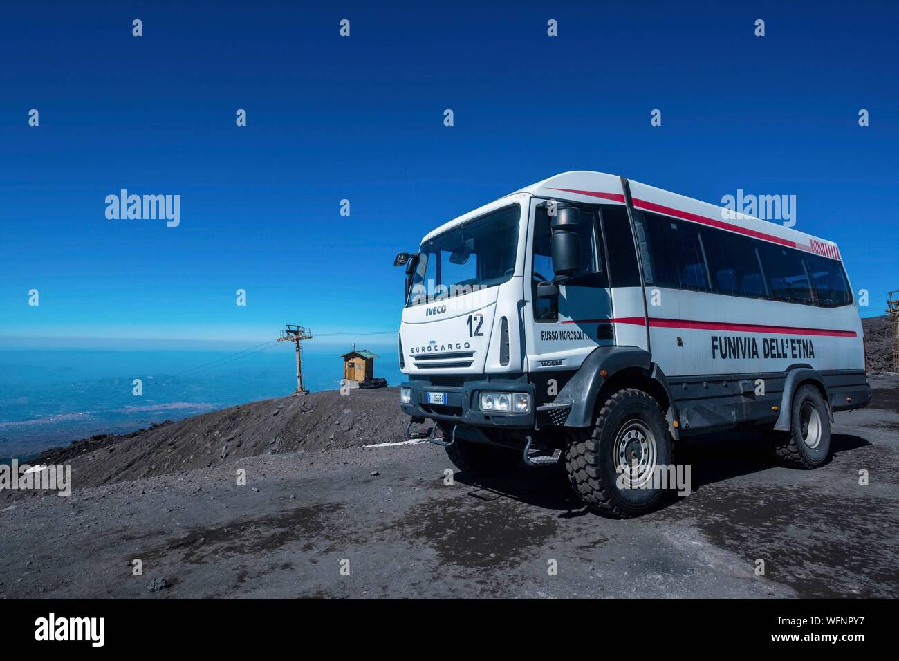 Italy, Sicily, Etna Volcano, shuttle bus linking the arrival of the ...