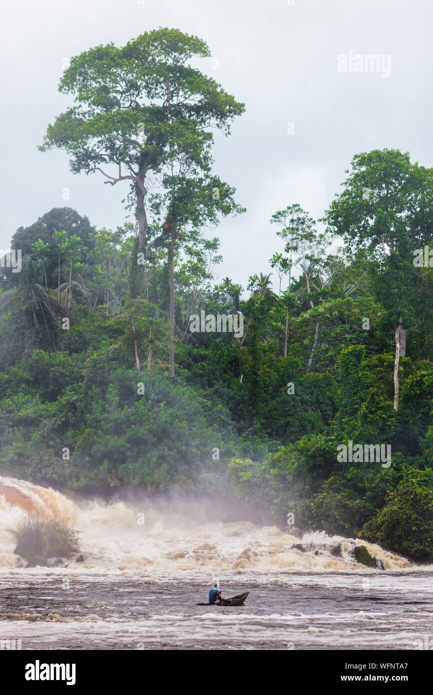 Cameroon, South Region, Ocean Department, Kribi, fisherman in a canoe ...