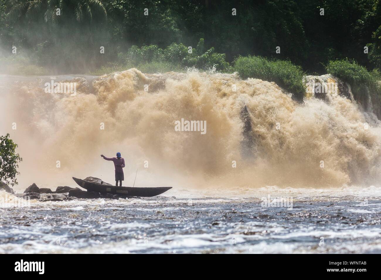 Cameroon, South Region, Ocean Department, Kribi, fisherman in a canoe ...