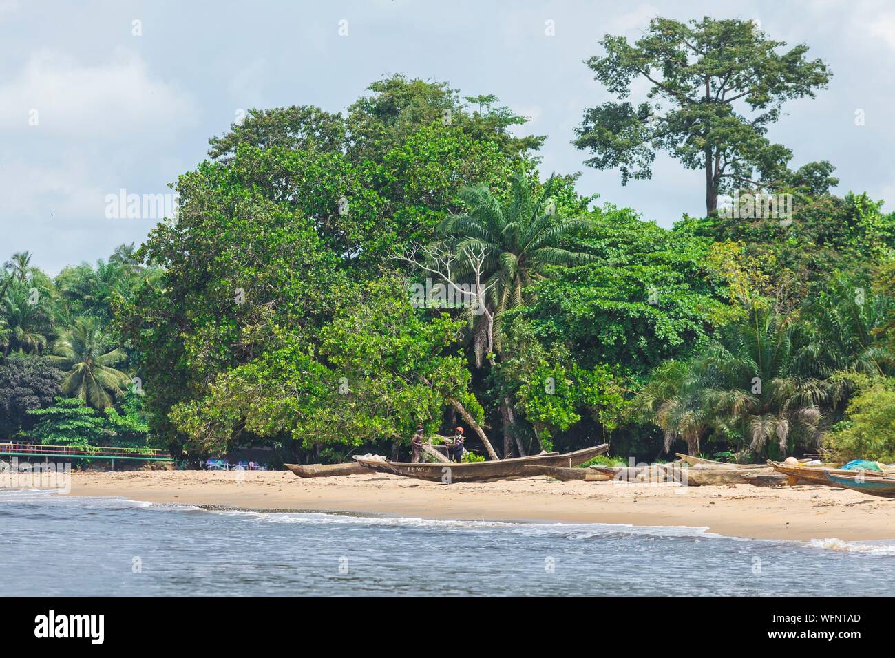 Cameroon, South Region, Ocean Department, Kribi, fishing canoes on the ...